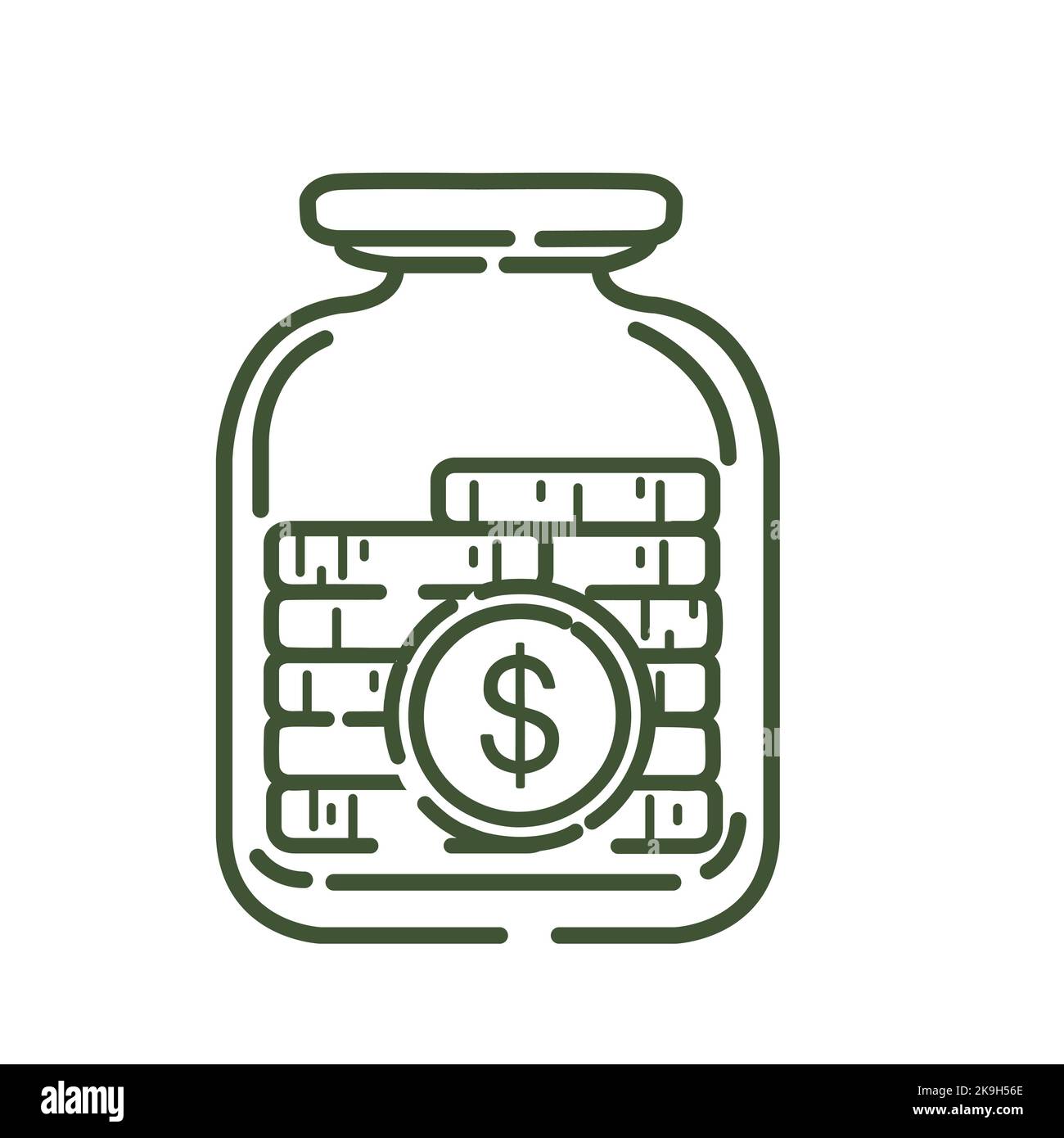 Golden coins with dollar symbol in glass jar green outline design ...