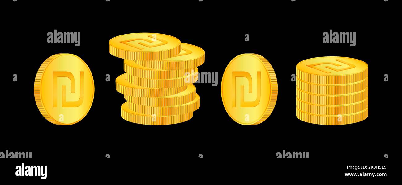 Sheqel. 3D isometric Physical coins. Currency. Golden coins with Sheqel ...