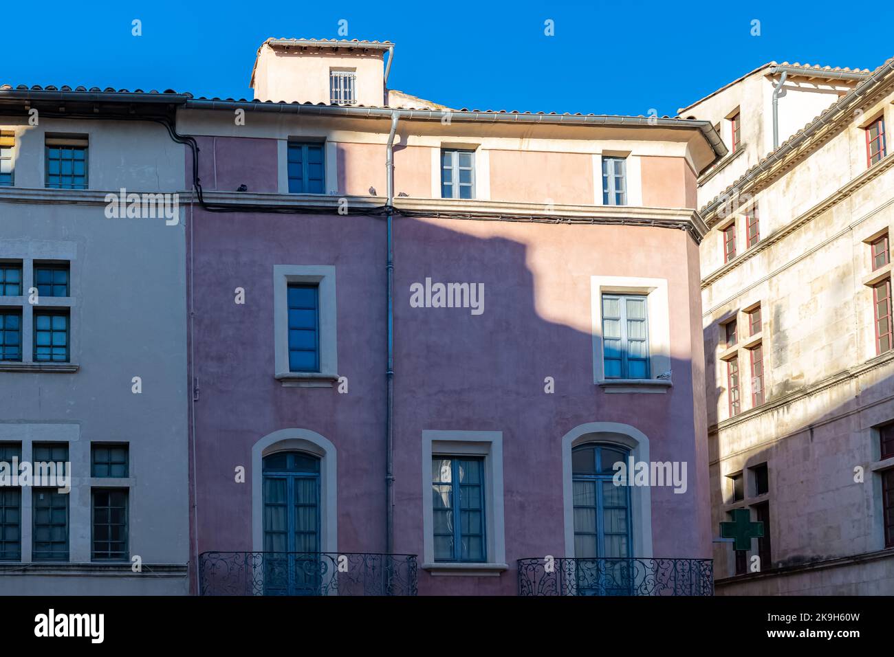 Nimes in Franc, old facades in the historic center, typical buildings ...
