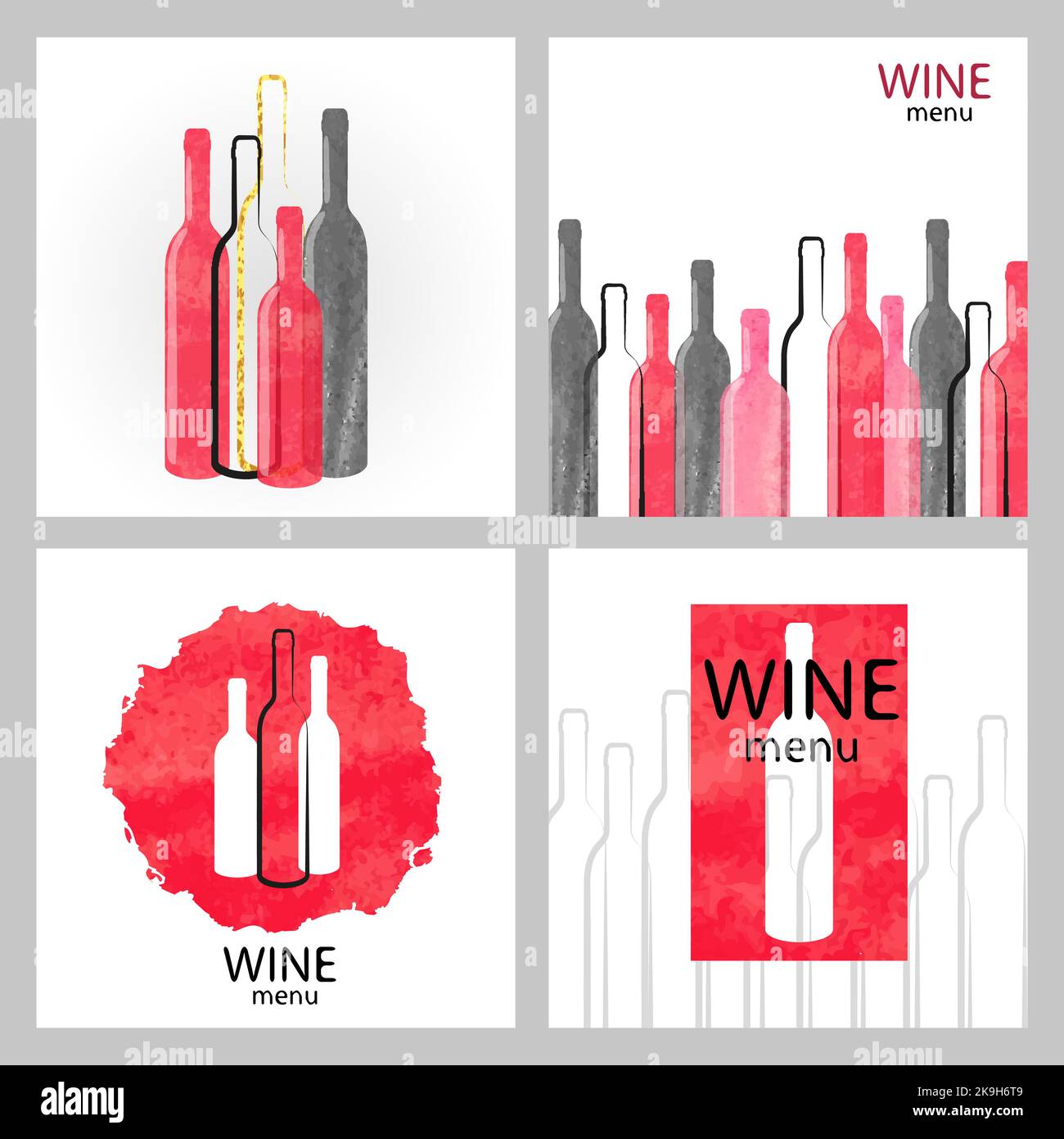 Set of watercolor wine backgrounds in red and black colors. Vector ...