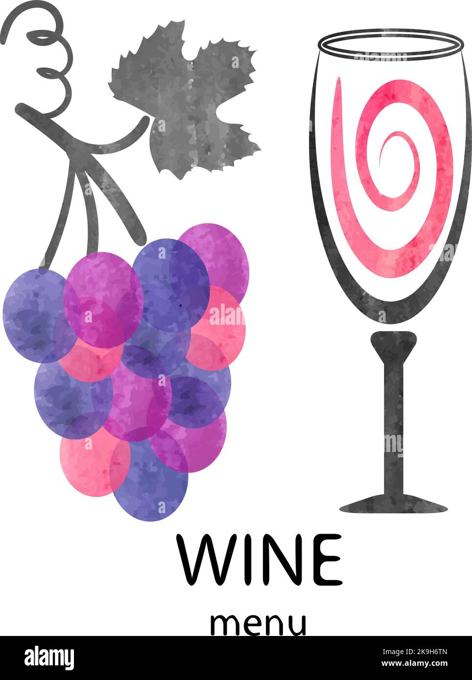 Vector illustration of watercolor wine glass and grapes. Wine menu ...