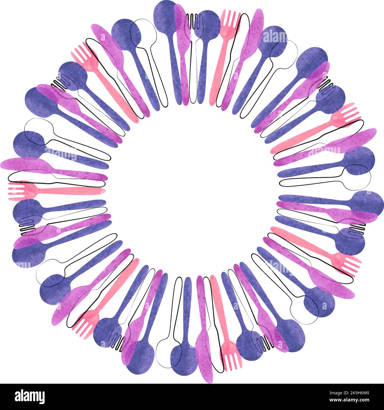 Cutlery round frame. Restaurant background with watercolor fork, knife ...