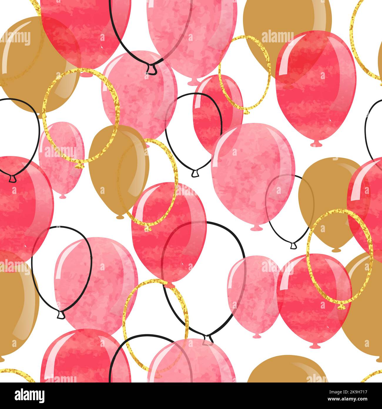 Watercolor pink, red and glittering gold balloons seamless pattern. Vector celebration ...