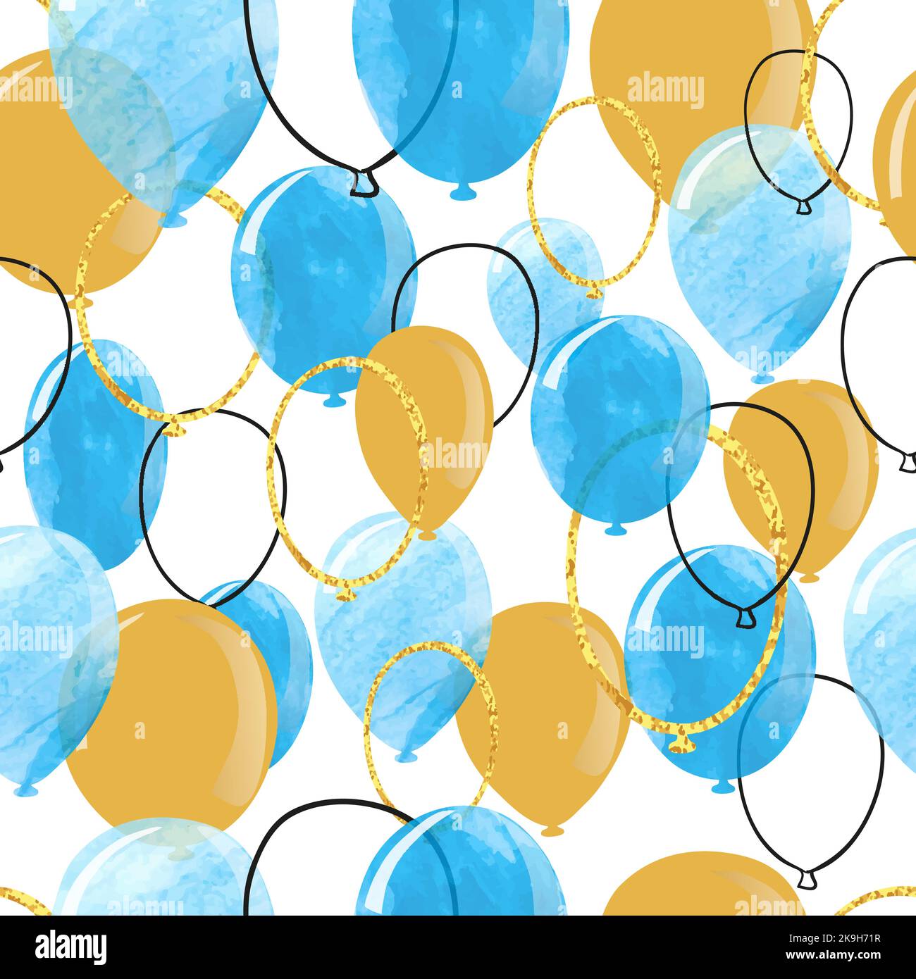Watercolor blue and glittering gold balloons seamless pattern. Vector celebration background ...