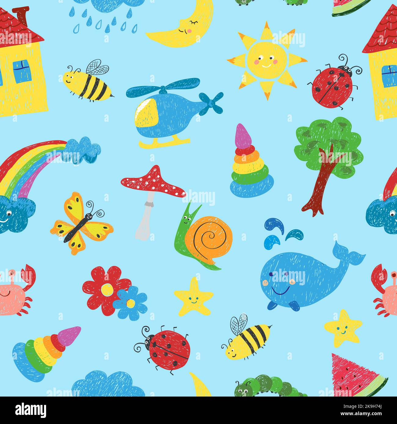 Kids colorful drawings seamless pattern. Vector colorful background ...