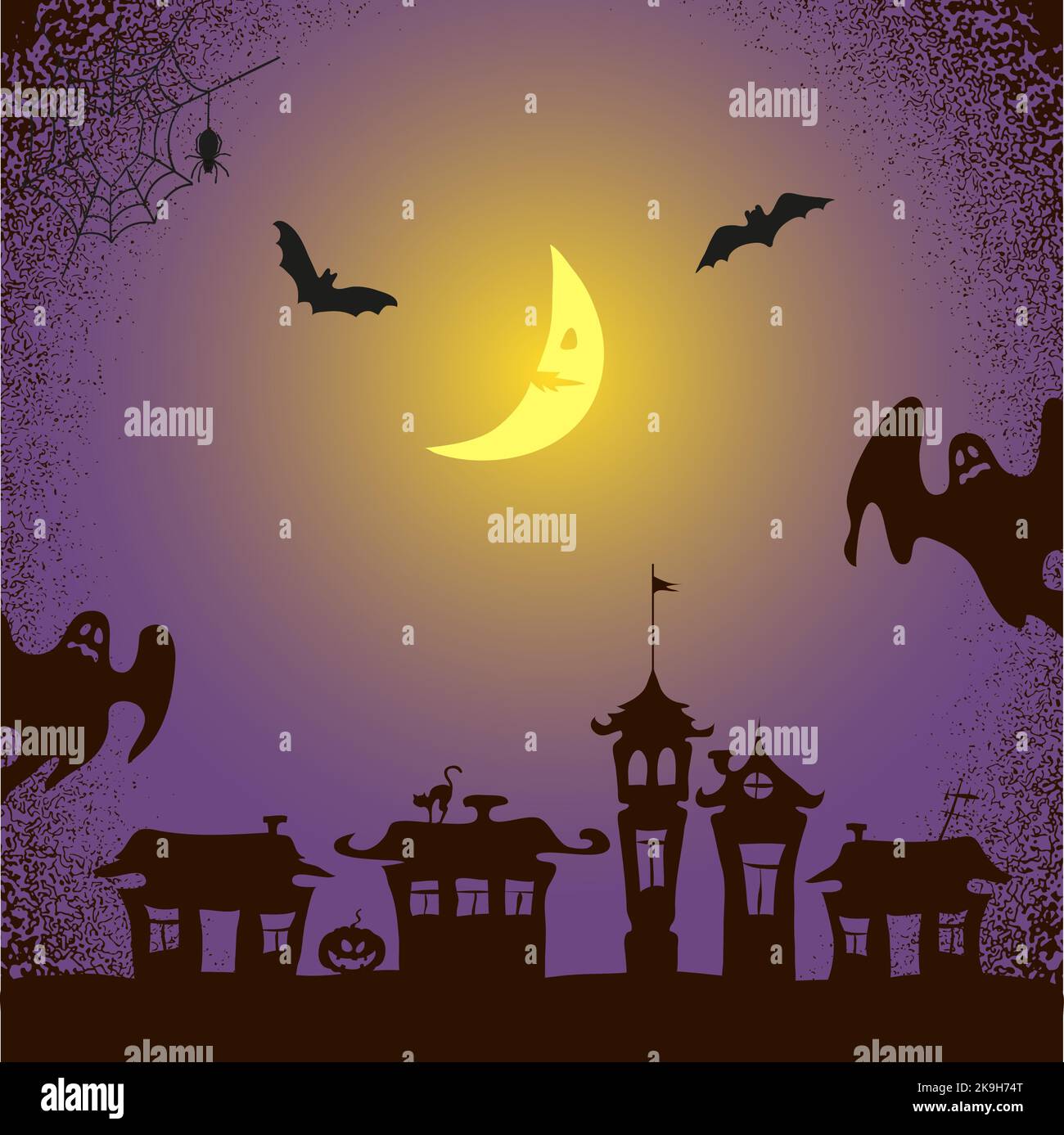 Halloween background with creepy ghosts, bats and moon. Holiday card ...