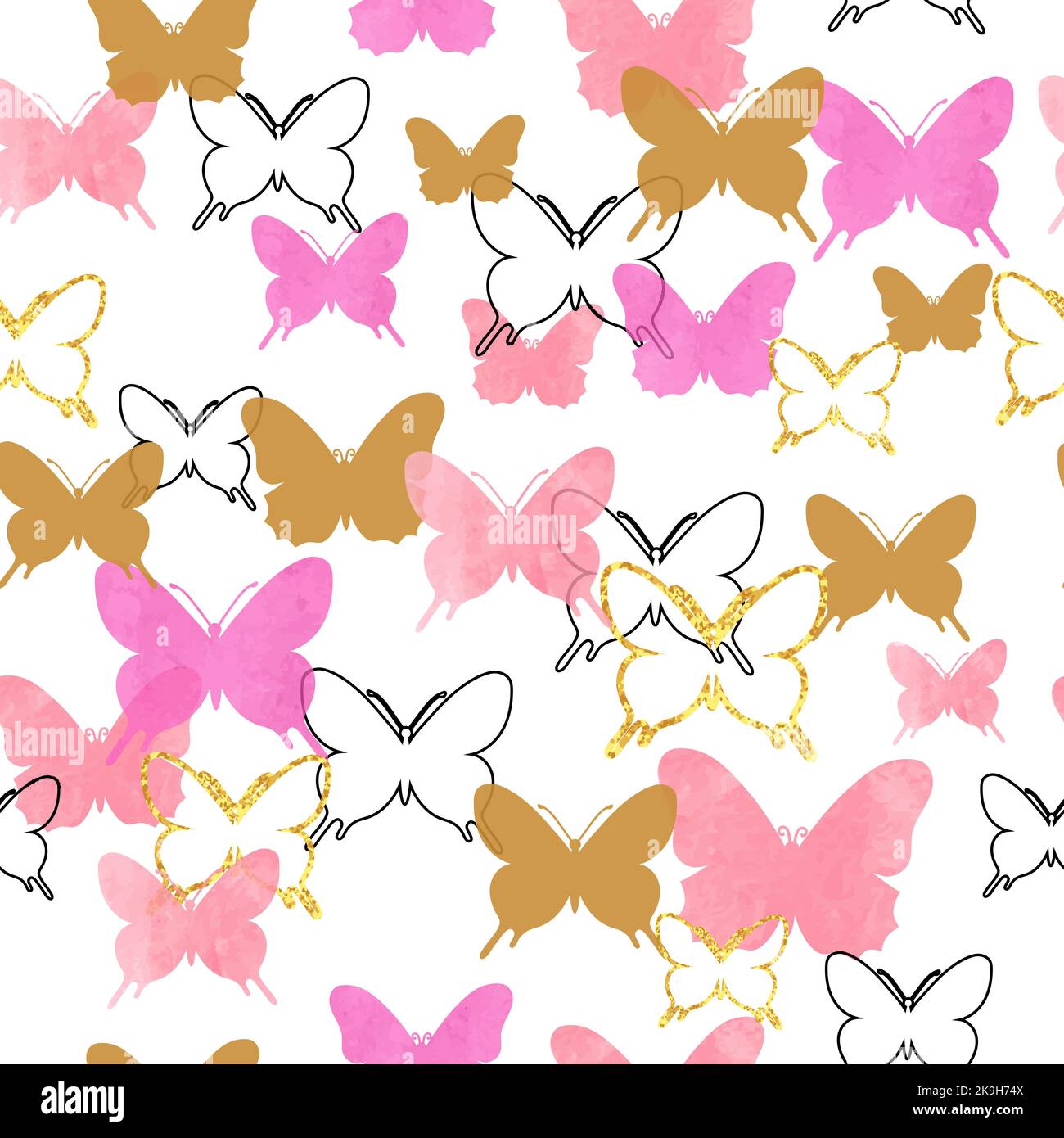 Seamless pattern with pink, black and glittering golden butterflies. Romantic celebration vector ...