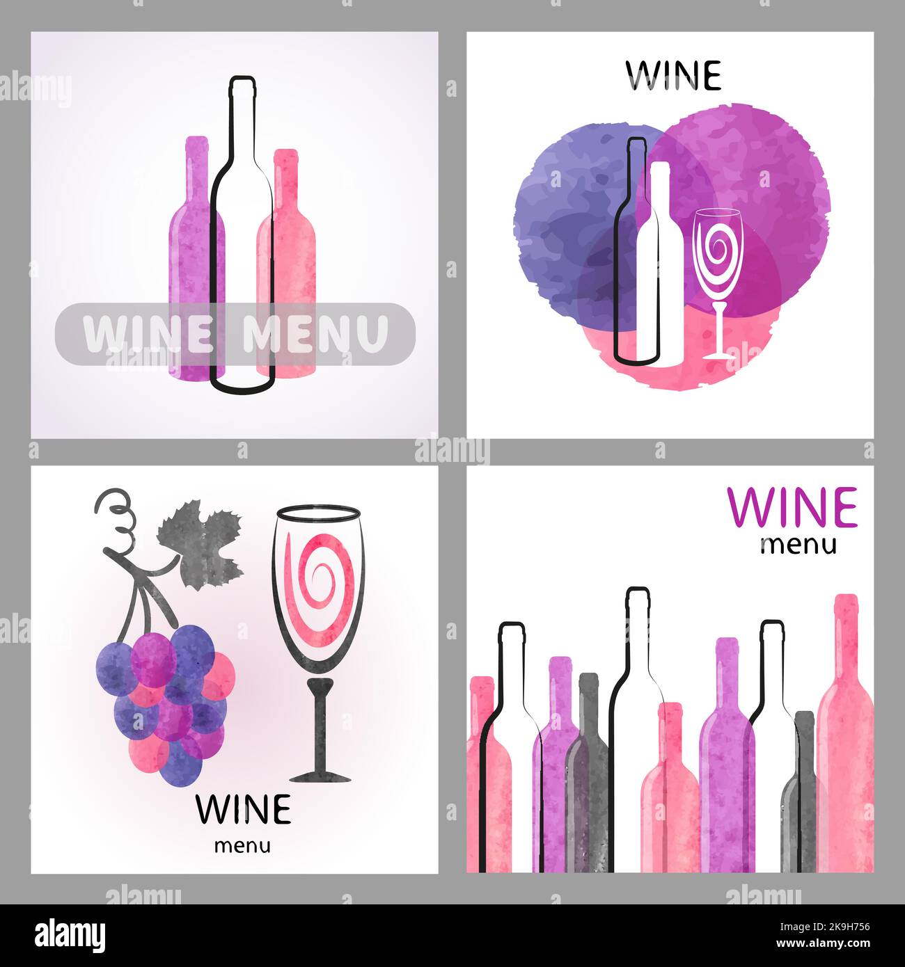 Set of watercolor wine backgrounds. Vector collection of wine menu ...