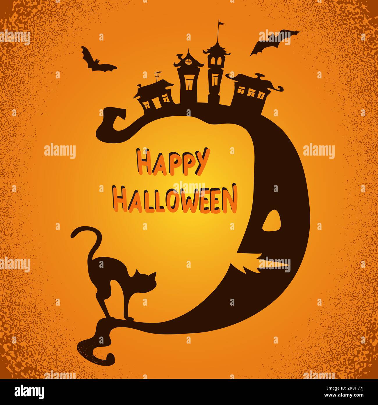 Halloween scary background with moon, black cat and bats silhouettes ...
