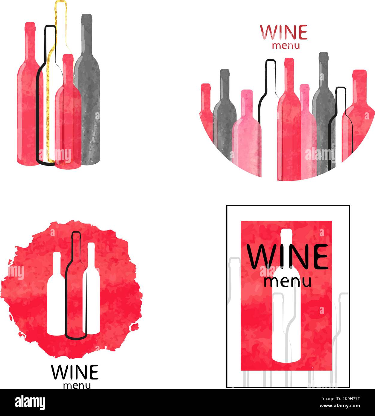 Watercolor wine logos set in red and black colors. Vector collection of ...