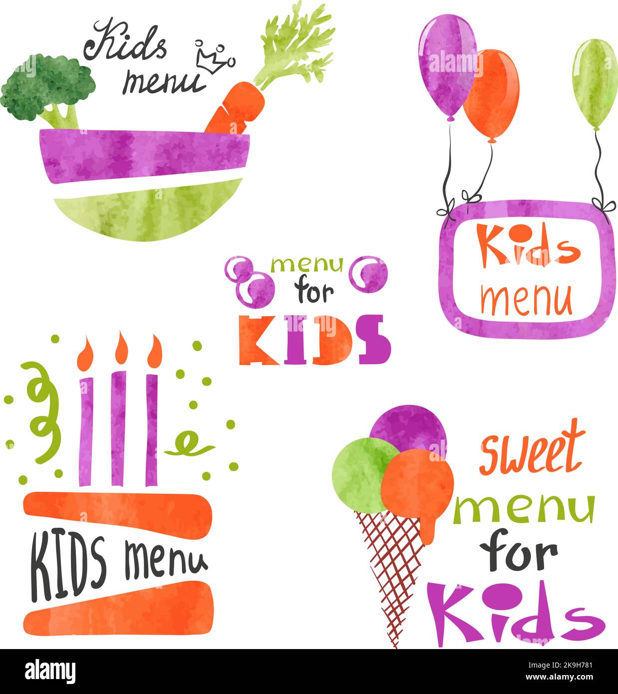 Watercolor kids menu logo design set. Collection of colorful vector ...