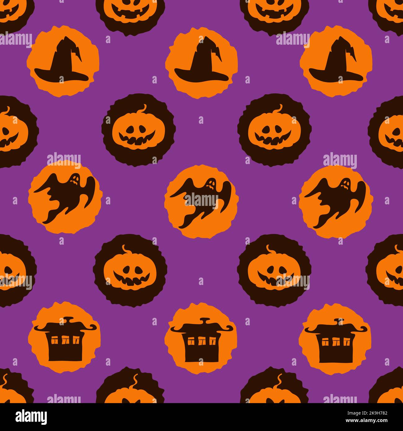 Vector circles Halloween background with pumpkins, houses and ghosts ...