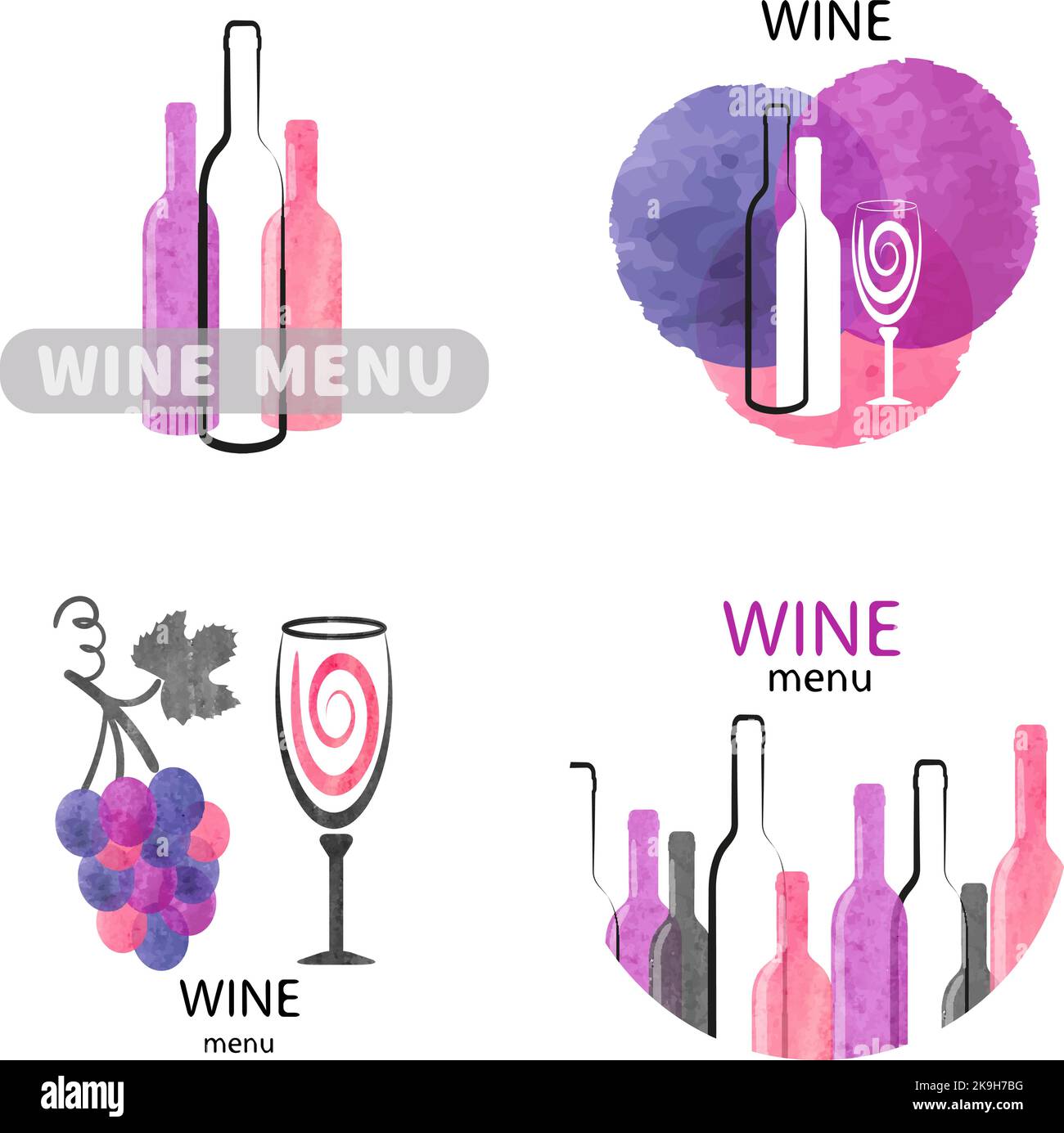 Watercolor wine logos set in pink, purple and black colors. Vector ...