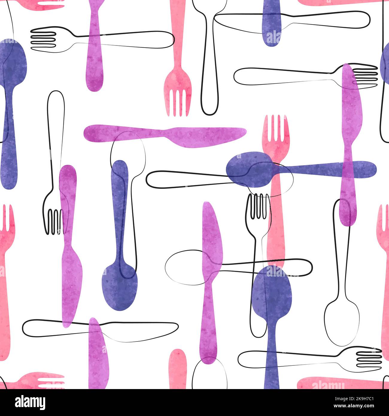 Watercolor cutlery seamless pattern in pink and purple colors. Vector background with spoons ...