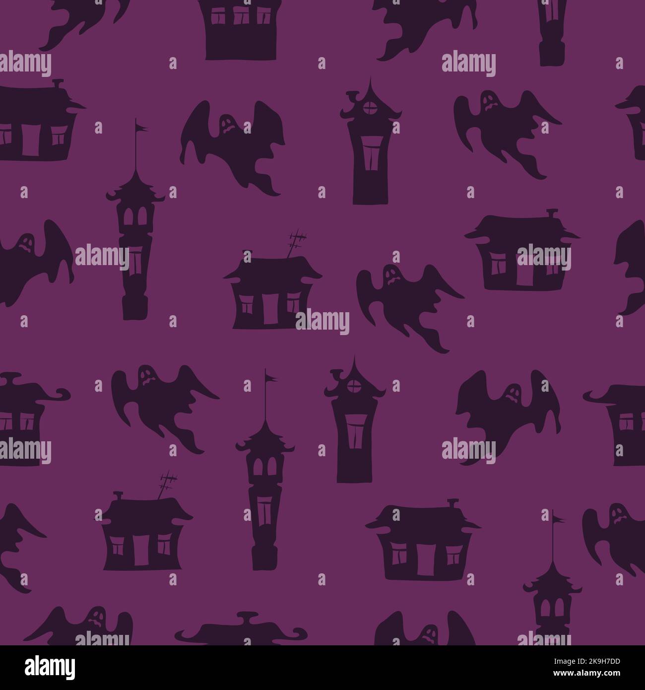 Purple Halloween vector background with ghosts and doodle houses. Seamless pattern Stock Vector ...