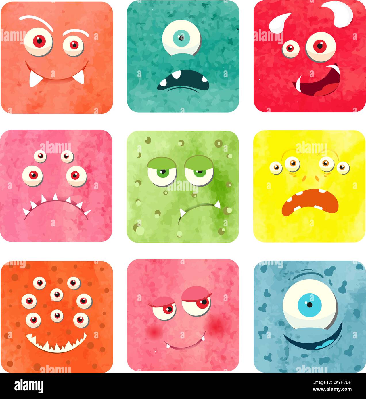 Watercolor cartoon monster faces set. Vector collection of cute square ...