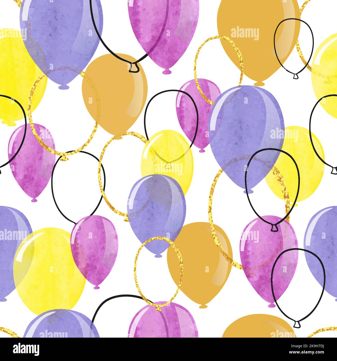 Watercolor yellow, purple and glittering gold balloons seamless pattern. Vector celebration ...