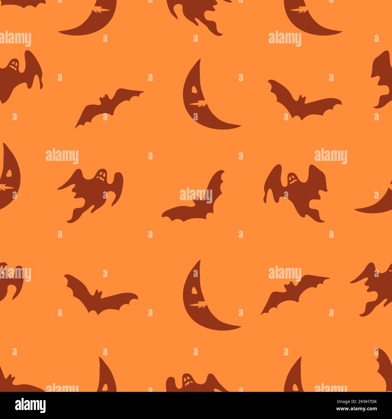 Vector orange Halloween background with ghosts, bats and moon. Seamless ...