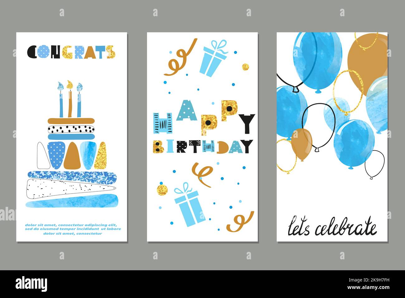 Set of watercolor birthday greetings card design in blue and gold ...