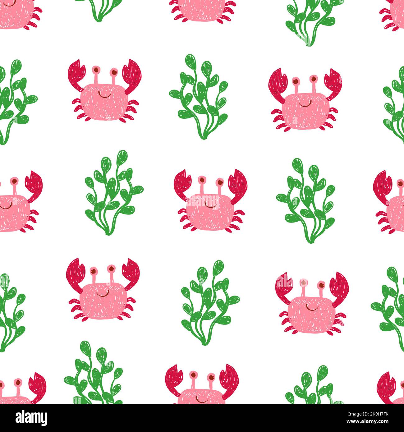 Cute doodle crabs seamless pattern. Vector sea background in pink and ...