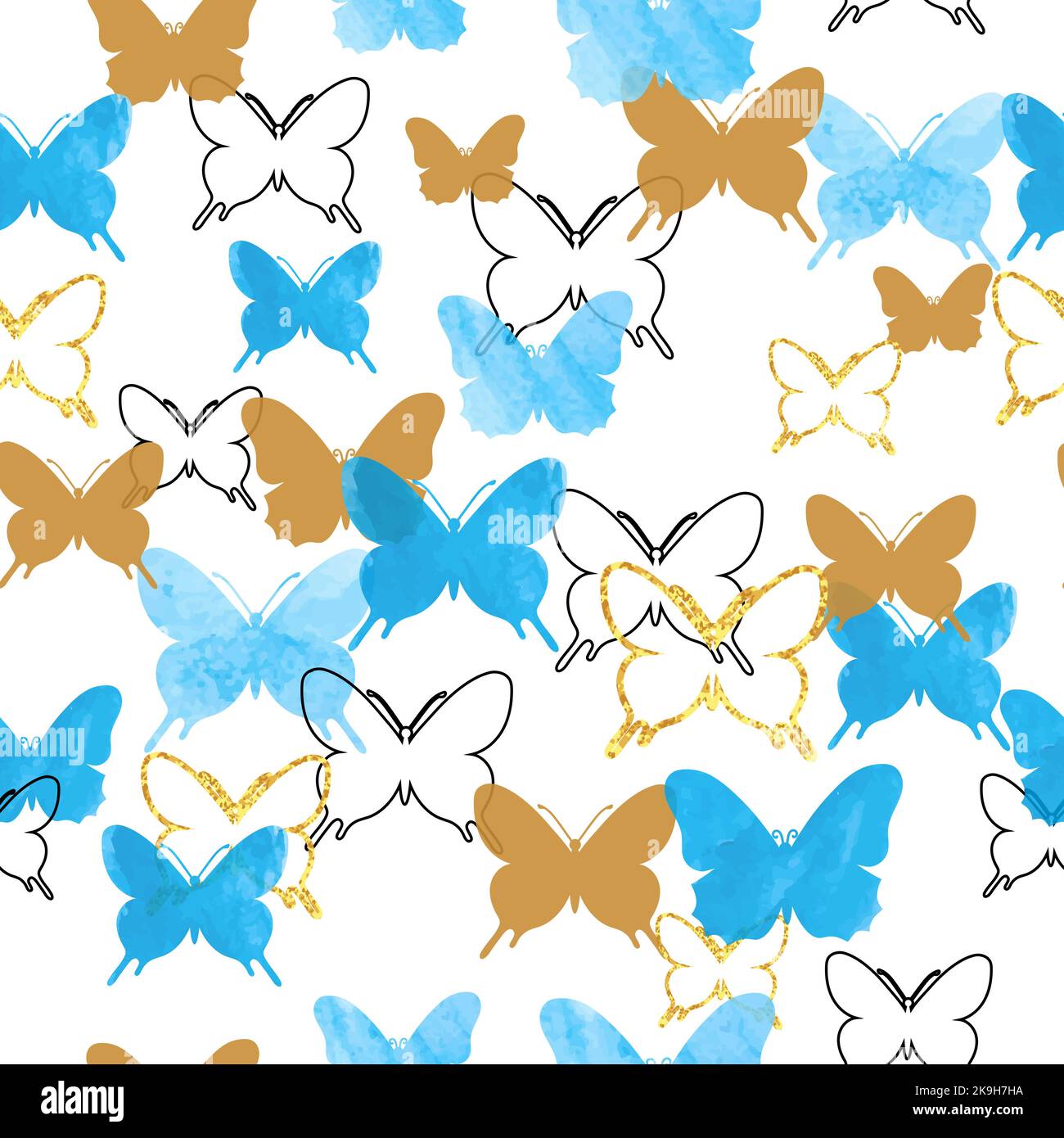 Seamless pattern with blue, black and glittering golden butterflies ...