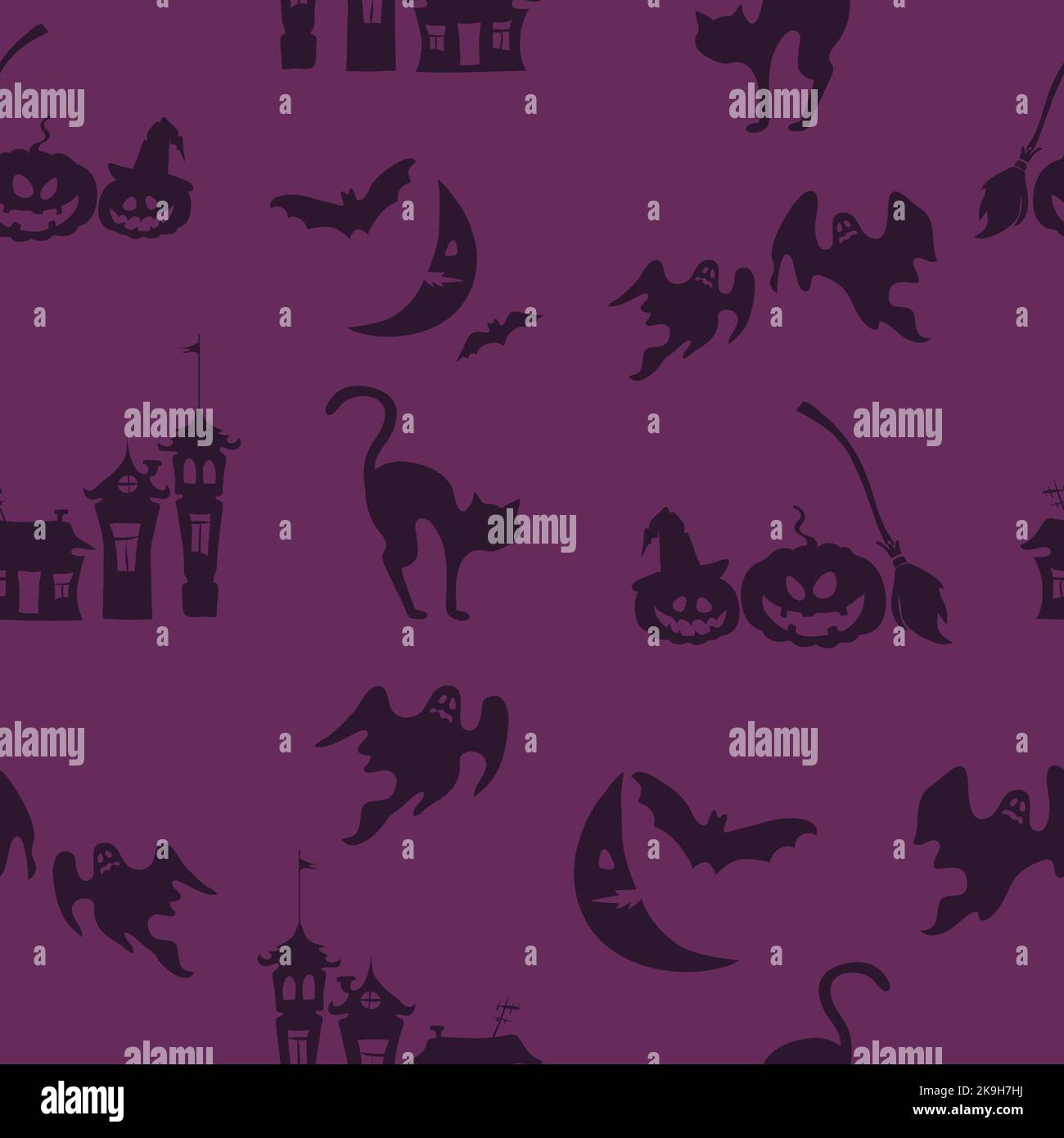 Purple Halloween vector background with ghosts, doodle houses, pumpkins ...