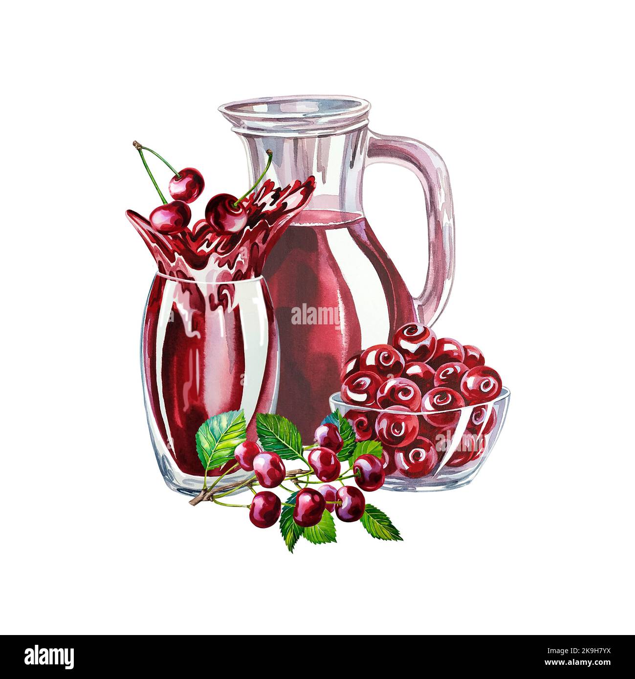 Cherries and cherry juice in a glass goblet. Jug with juice. Watercolor ...