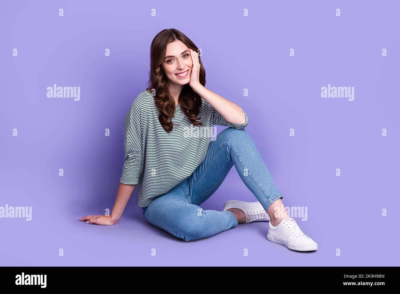 Photo of pretty cute lovely dreamy lady arm touch face dressed nice ...