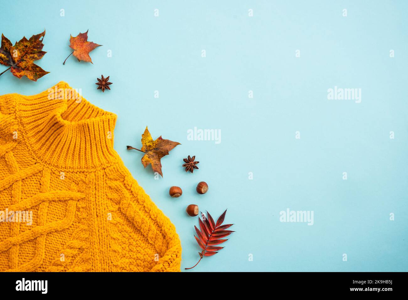 Autumn flat lay background on blue Stock Photo - Alamy