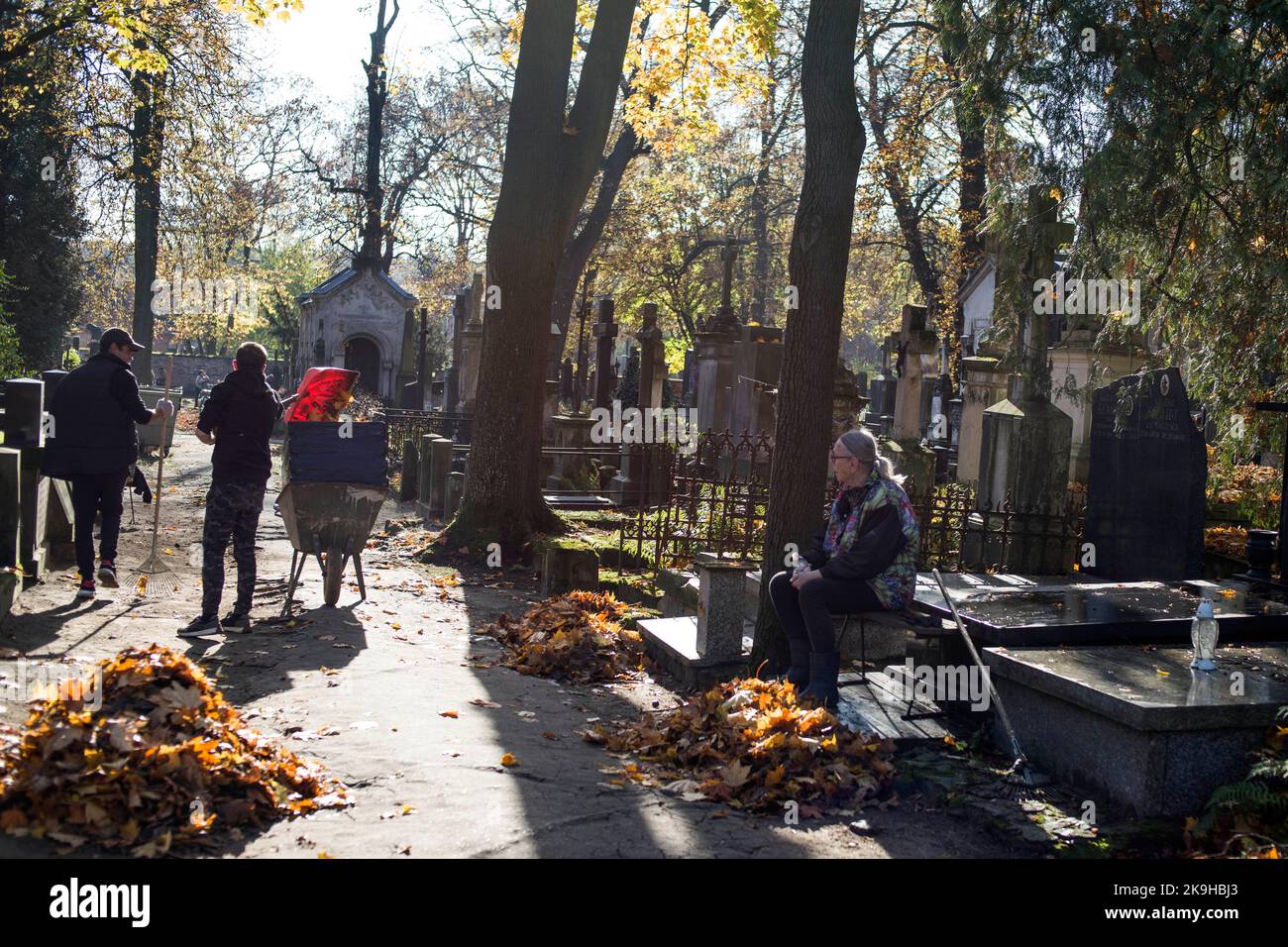 Two men are sweeping leaves at the historic Powazki Cemetery. The All ...