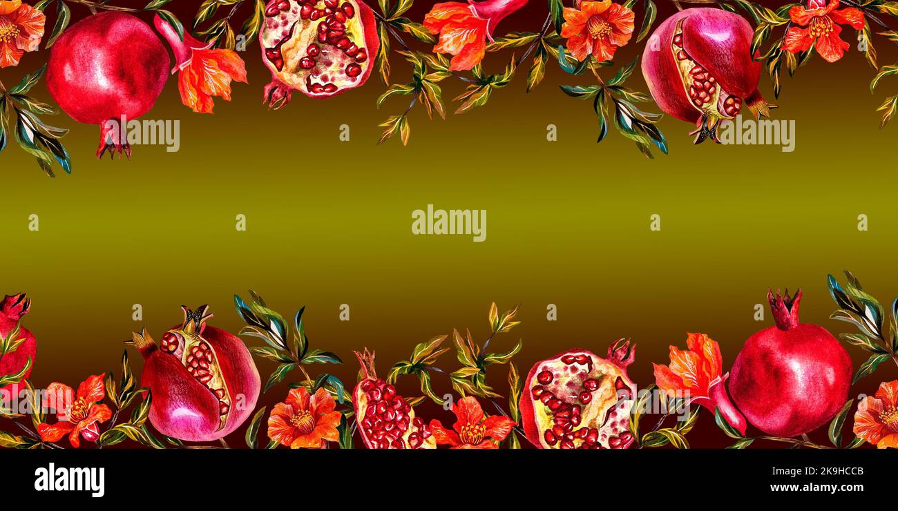 Pomegranate. Frame of pomegranate fruits on a branch, burst, cut ...