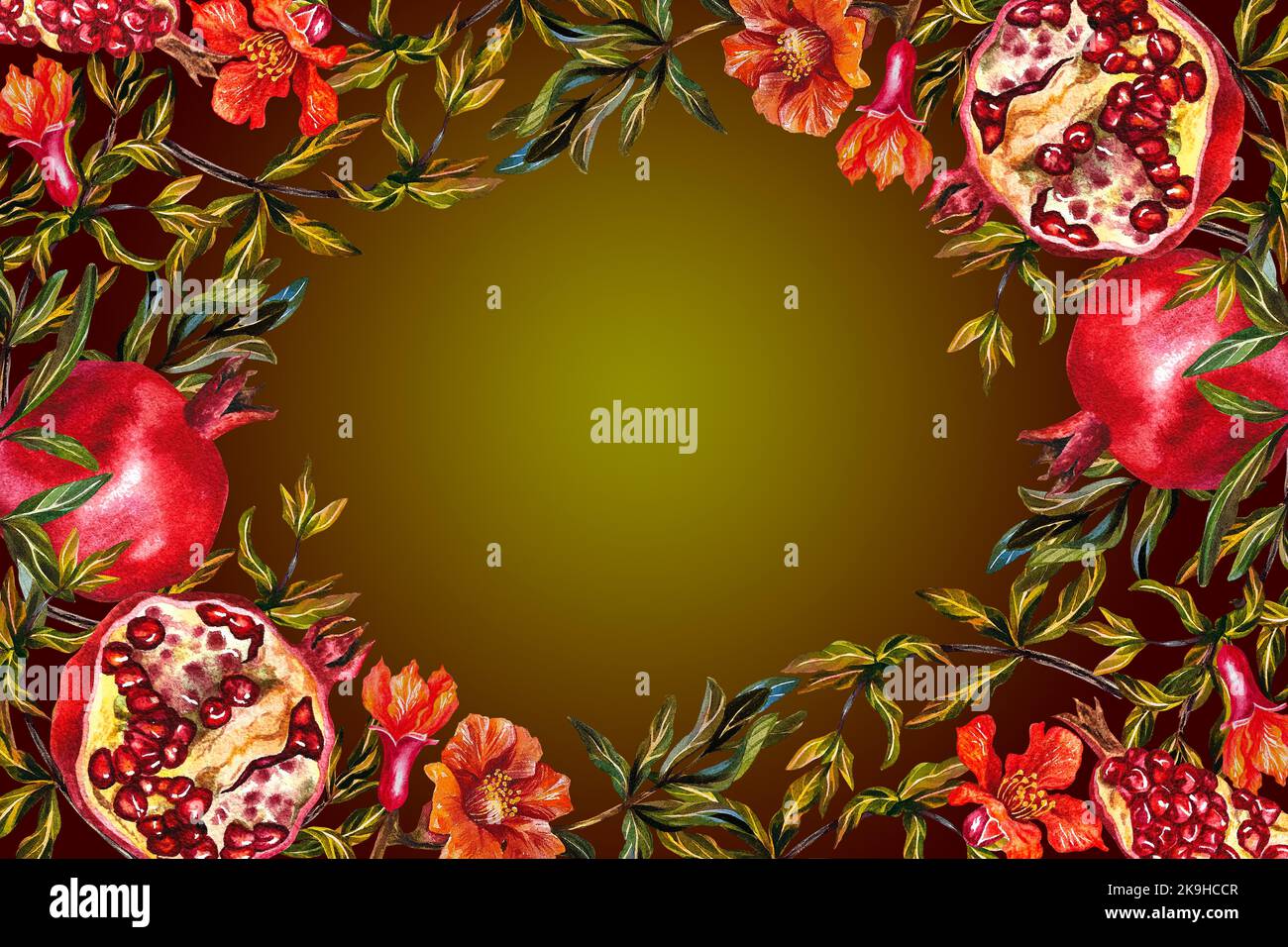 Pomegranate. Frame of pomegranate fruits on a branch, burst, cut ...