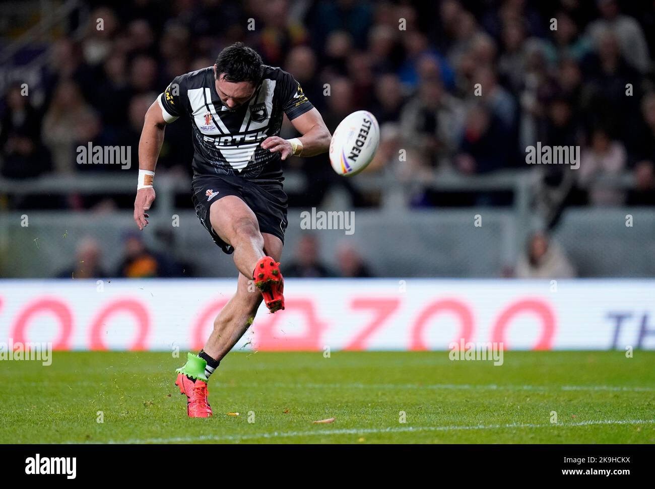 New Zealand's Jordan Rapana kicks the first conversion during the Rugby ...