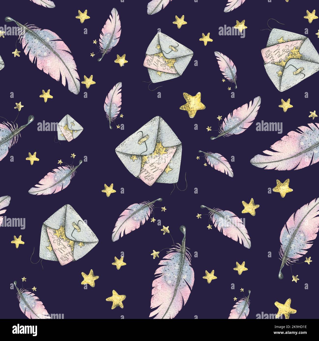 Magic letters for Santa Claus with feathers and stars on a dark ...