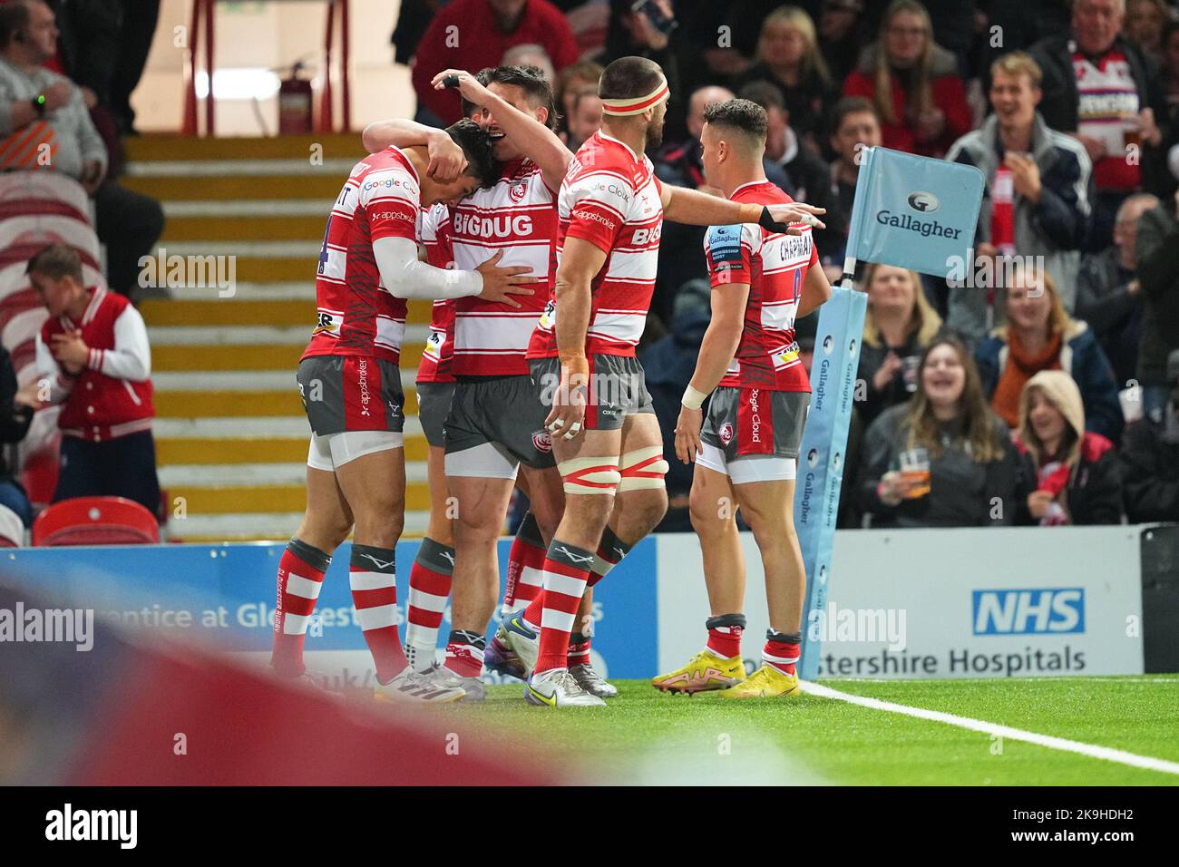 Gloucester, UK. 28th Oct, 2022. Gloucester Rugby players celebrate ...