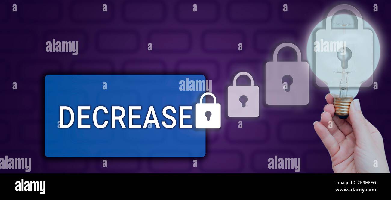 Hand writing sign Decrease. Business approach make or become smaller or fewer in size amount ...