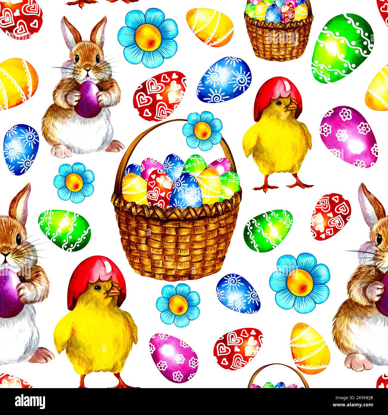 Colorful Easter background. Seamless pattern with eggs, chickens and ...