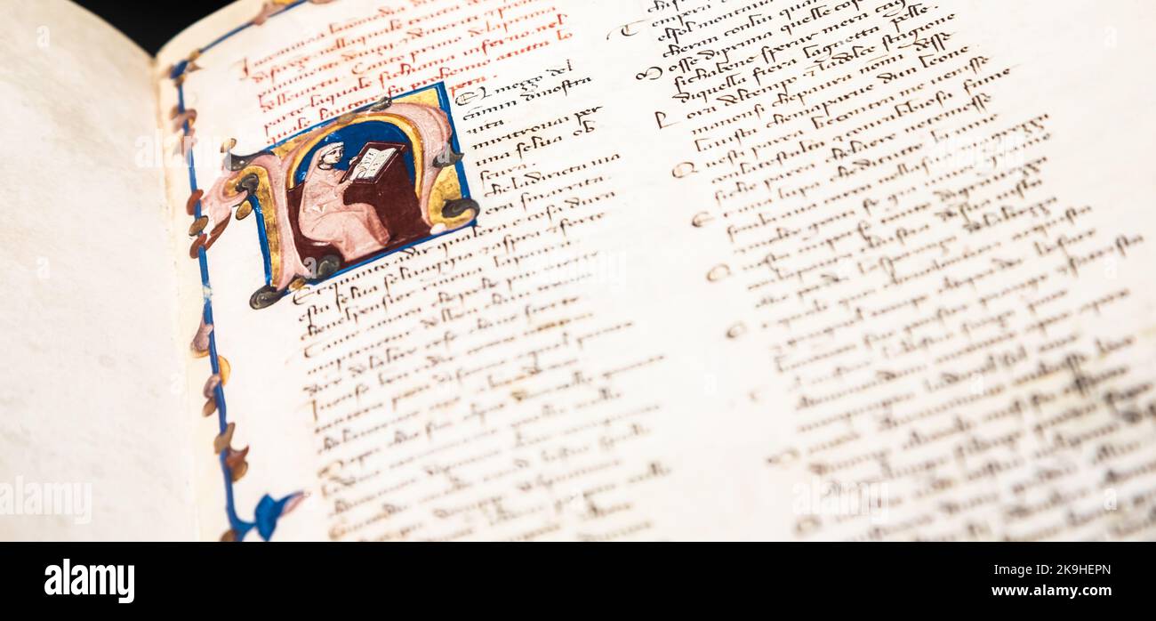 FLORENCE, ITALY - circa July 2021. Antique manuscript sheet from Dante ...
