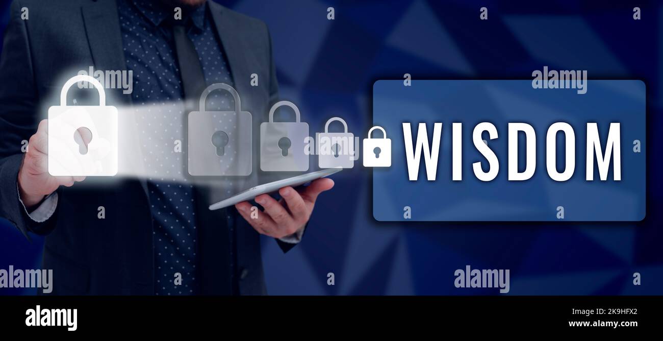 Text caption presenting Wisdom. Business idea body of knowledge and ...