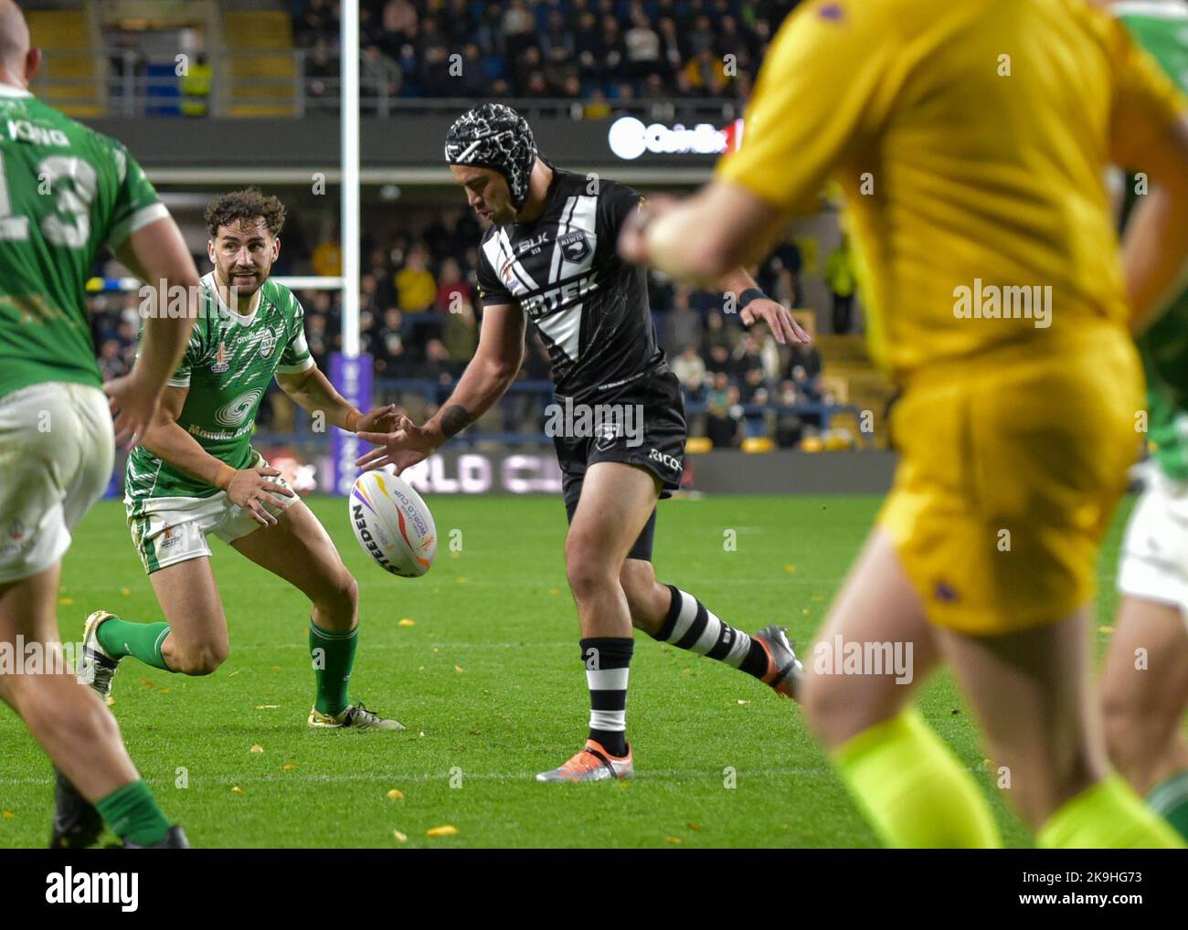 Leeds, UK. 28th Oct, 2022. Jahrome Hughes of New Zealand puts a kick ...