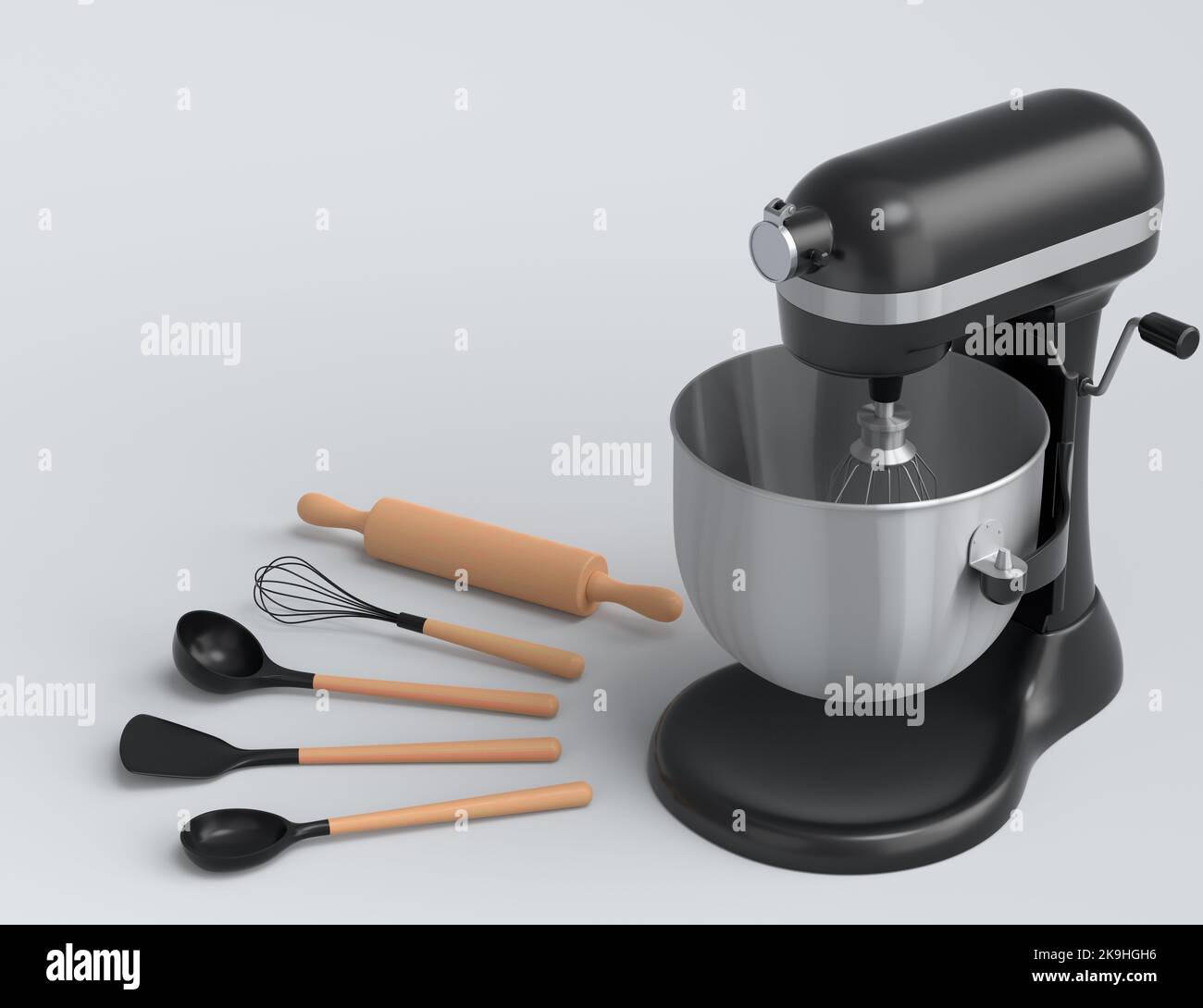 Mixer with kitchen utensil for preparation of dough on white background ...