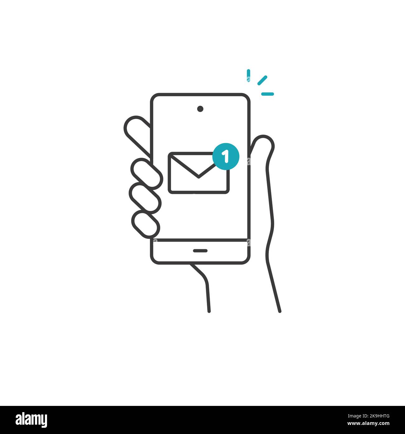 Hand hold smartphone, email send, new message notification line icon ...