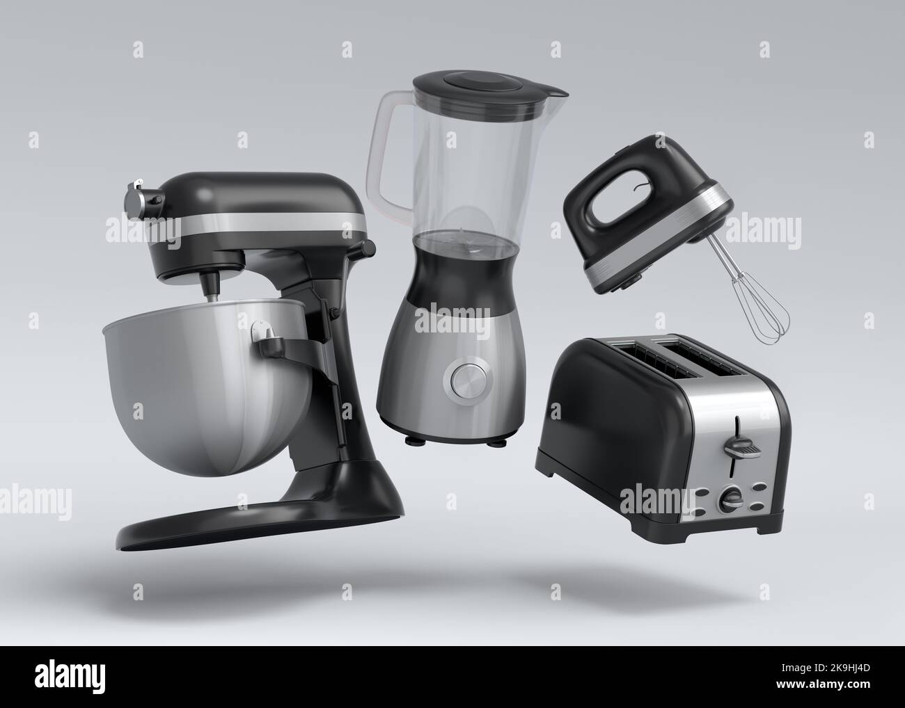 Electric kitchen appliances and utensils for making breakfast on white ...