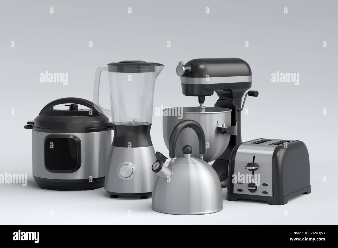 Electric kitchen appliances and utensils for making breakfast on white ...