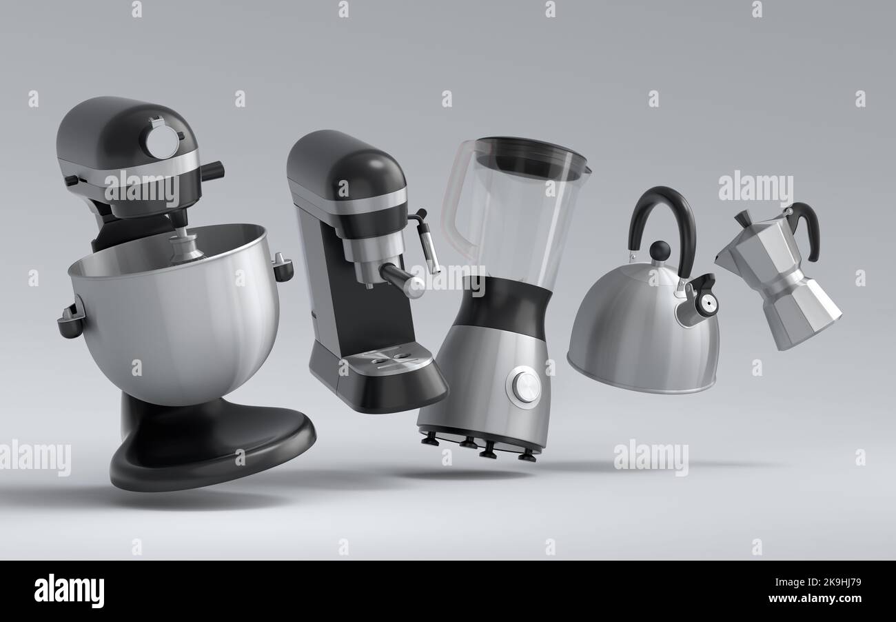 Electric kitchen appliances and utensils for making breakfast on white ...