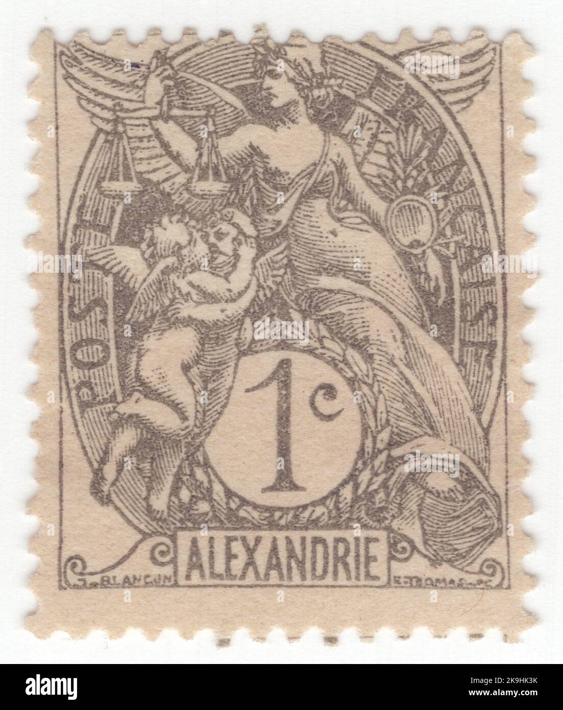 ALEXANDRIA - 1902: An 1 centime grey postage stamp depicting allegory ...