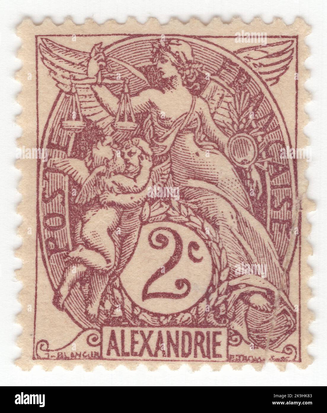 ALEXANDRIA - 1902: An 2 centime violet-brown postage stamp depicting ...