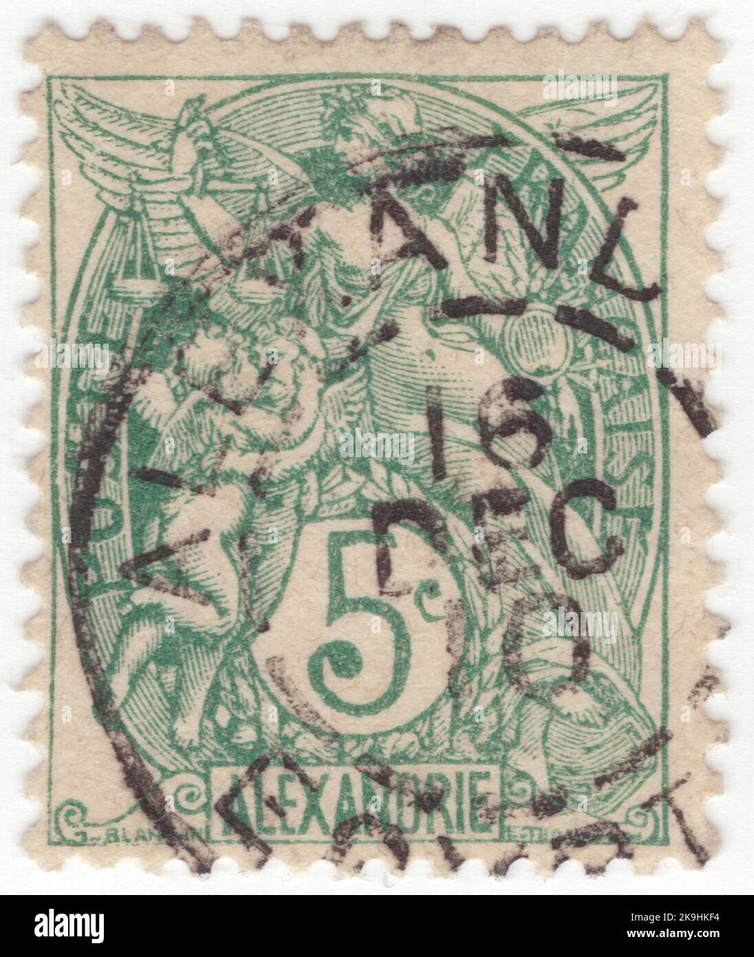 ALEXANDRIA - 1902: An 5 centime green postage stamp depicting allegory ...