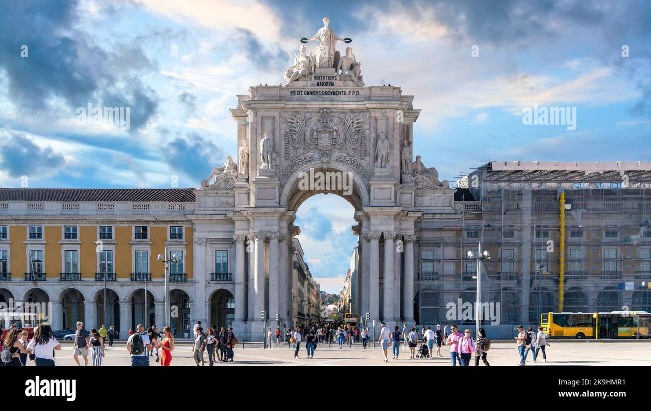 Lisbon, Portugal - April 2018: People walking in Commerce square. Rua ...