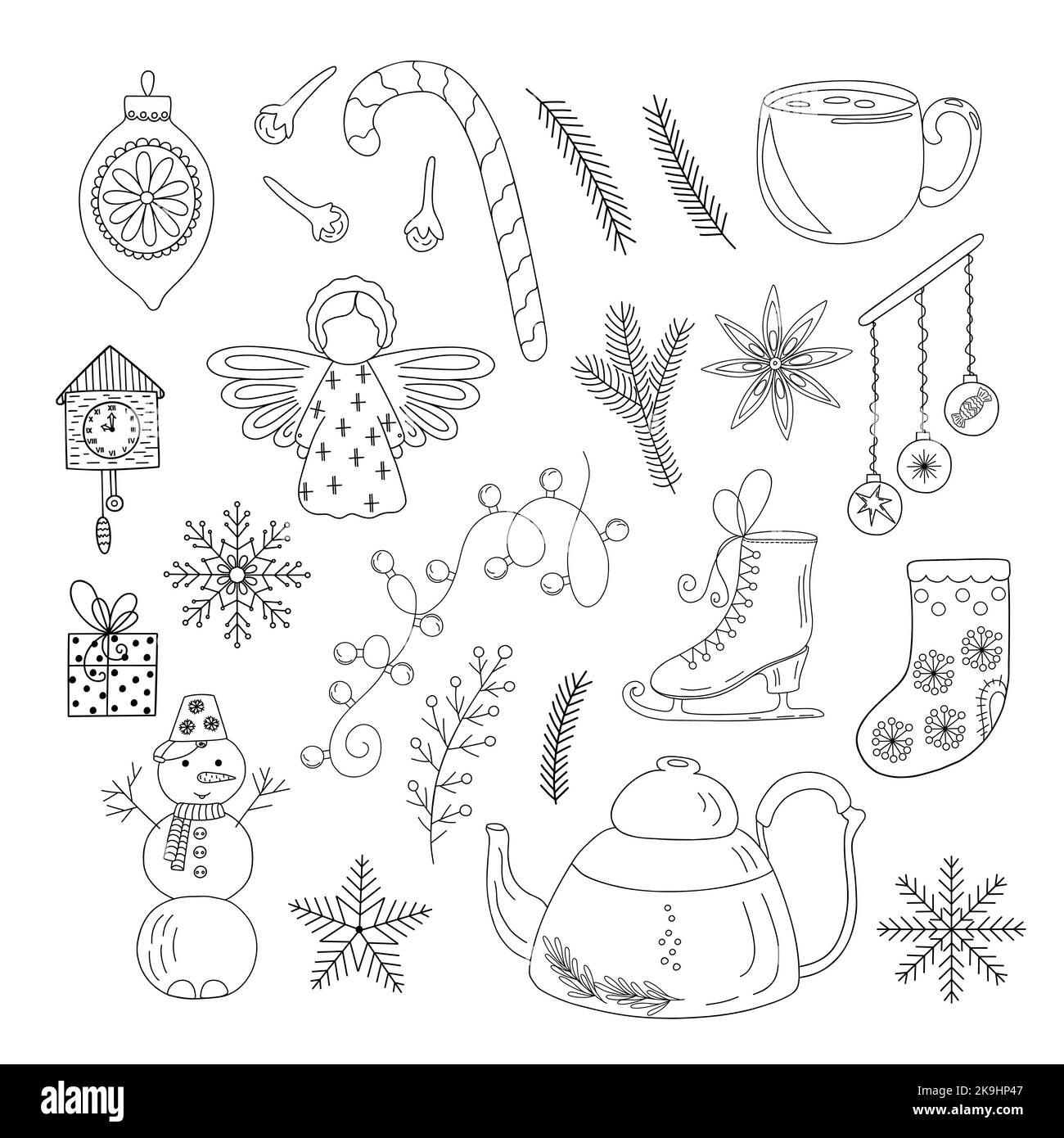 Christmas element set snowman, gift, skates, stocking, teapot, cup ...